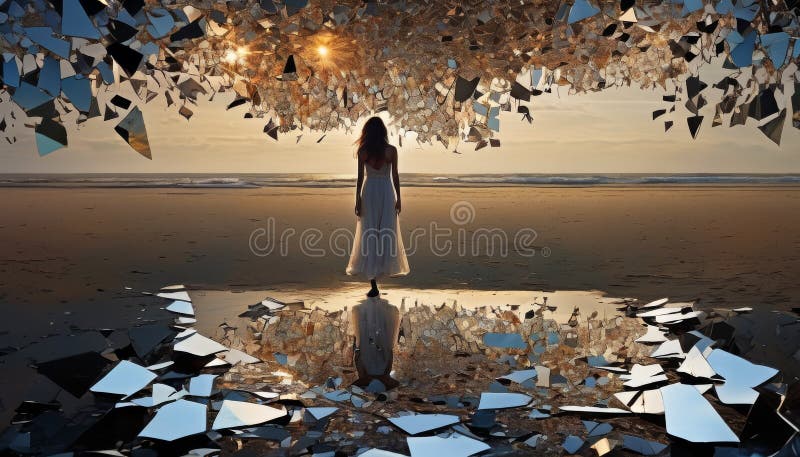Woman Under Exploding Mirror Sky at Beach Stock Photo - Image of wonder ...