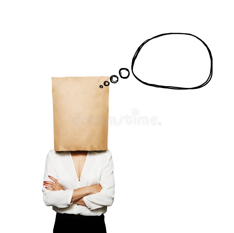 Woman Under Paper Bag with Speech Balloon Stock Photo - Image of idea ... Woman Under Paper Bag with Speech Balloon Stock Photo - Image of idea ...
