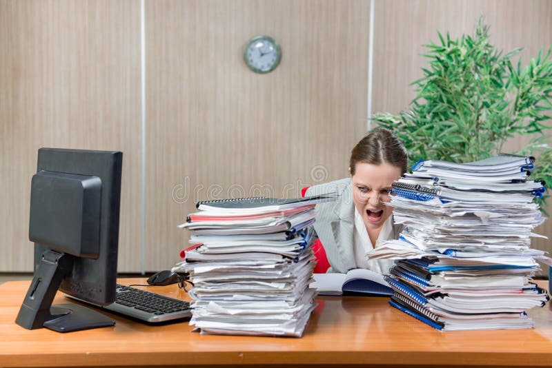 The Woman Under Stress from Excessive Paper Work Stock Photo - Image of ...