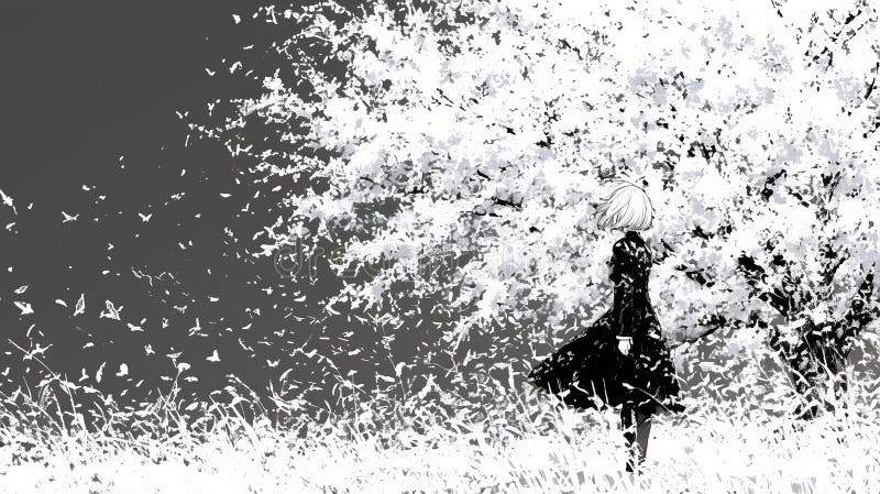 Woman under a tree bw stock image. Image of grassland - 367590141