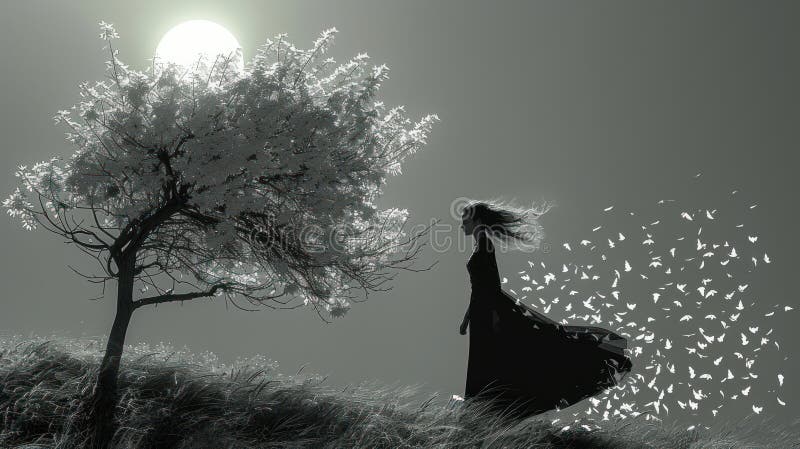 Woman under a tree bw stock image. Image of thinking - 367590159