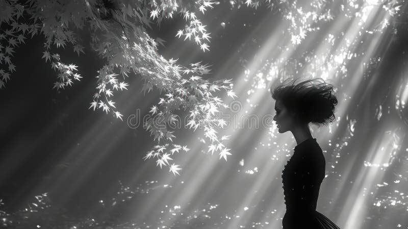 Woman under a tree bw stock photo. Image of park, female - 367590204