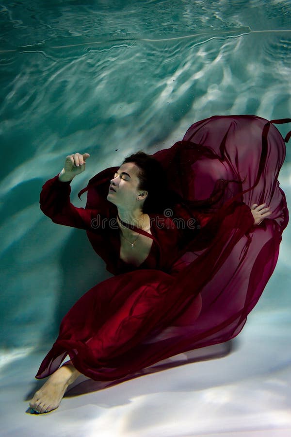 Woman Under the Water in a Red Dress. Stock Photo - Image of cool ...