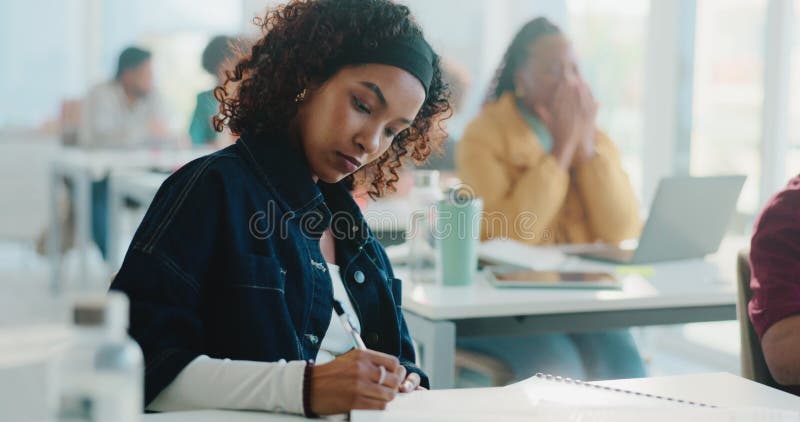 Woman, University Student and Writing Notes in Class for Learning ...