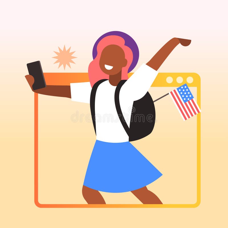 Woman With Usa Flag Taking Selfie Photo 4th Of July American