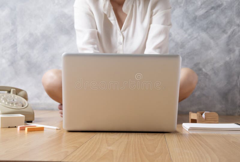 Woman Use Computer Laptop at Home. Stock Photo - Image of floor ...