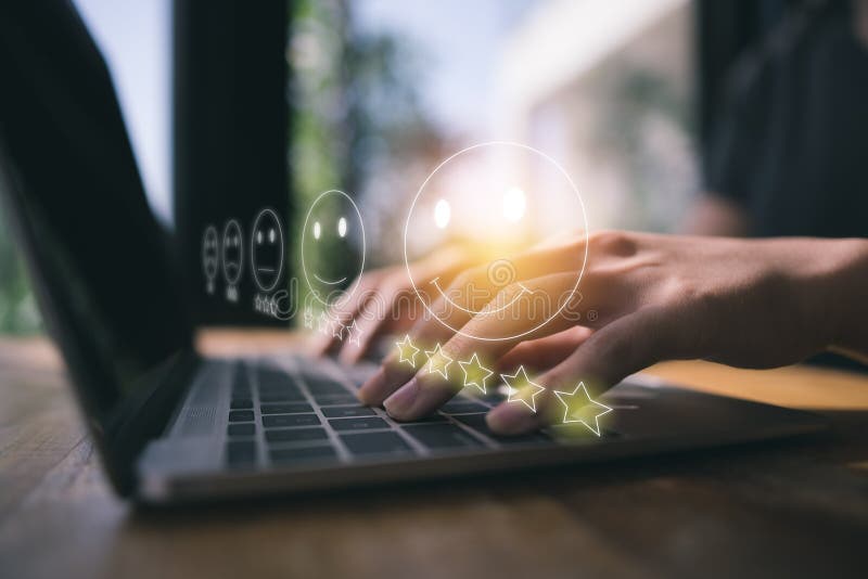 Woman Use Computer Laptop Pressing Face Emoticon on Virtual Screen ...