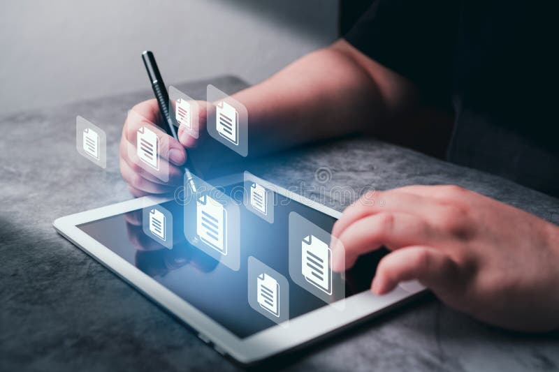 Woman Use Digital Tablet for Online Document Management System. Stock ...