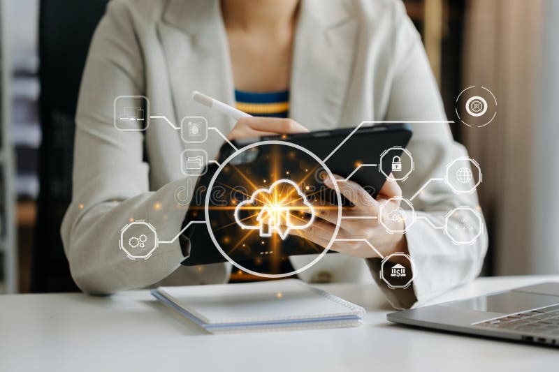 Woman Use Laptop Computer and Tablet with Cloud Computing Diagram Show ...
