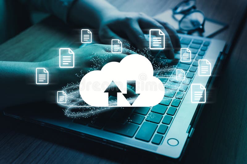 Woman Use Laptop with VR Interface of Cloud Computing Diagram. Stock ...