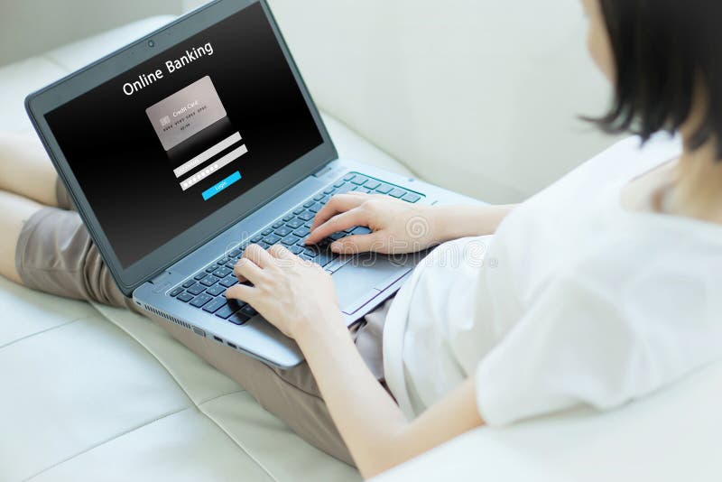 Woman use online banking stock image. Image of body - 151657399