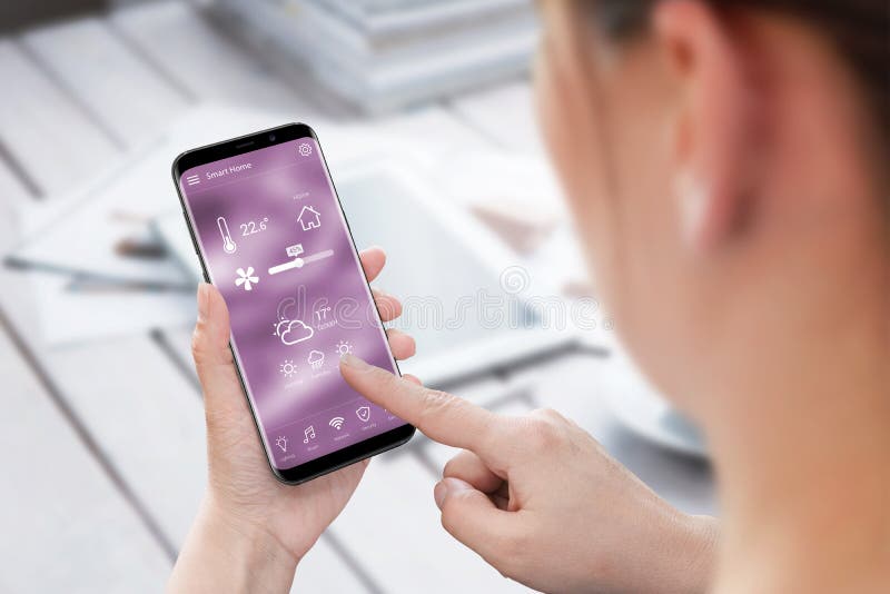 Woman Use Smart Home Control App on Mobile Phone Stock Photo - Image of ...