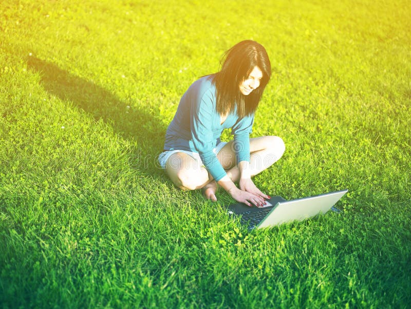 Woman Use Wireless Internet on Laptop in Stock Image - Image of nature ...