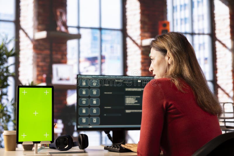Woman Uses AI Chat Interface on a Computer Next To Chroma Key Stock ...