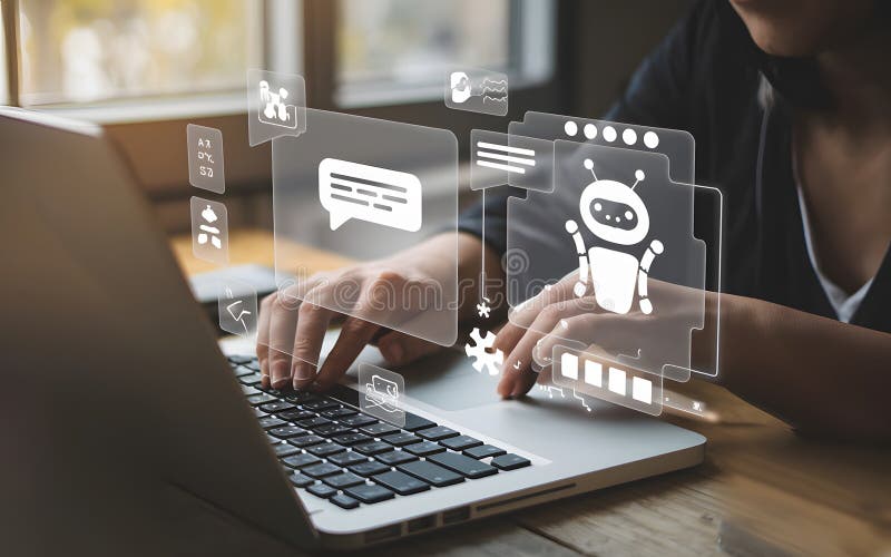 Modern Woman Using AI Chatbot Software on Laptop Digital Technology ...