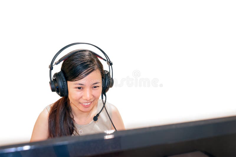 Woman Uses a Headset with Microphone on a Personal Computer Stock Image ...