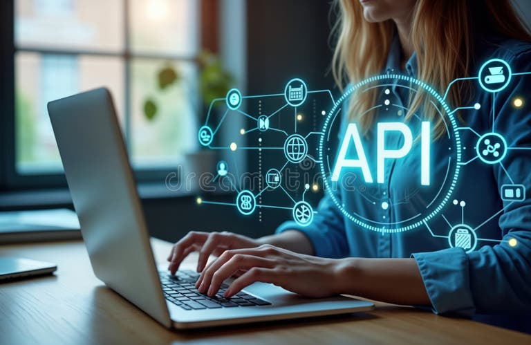 Woman Uses Laptop with API Interface. Modern Tech for Software ...