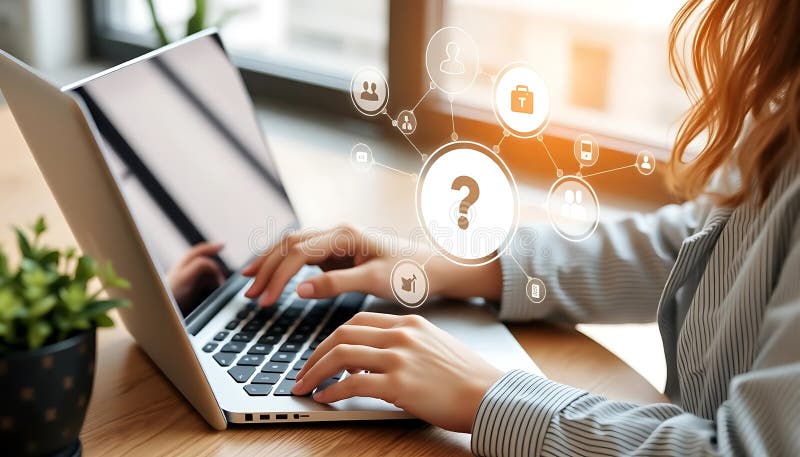 Woman S Hands Typing on Laptop, Question Mark Network, Modern ...
