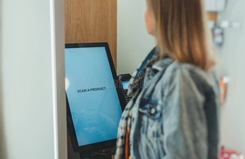 Woman Uses a Self-service Terminal Stock Photo - Image of customer ...