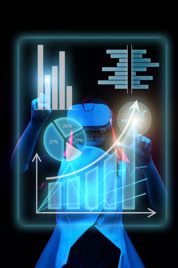 Woman Uses a Virtual Reality Headset To Work with Data in the Form of ...