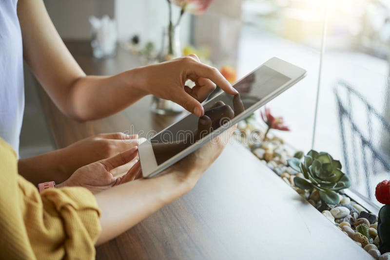 Woman Using Application on Tablet Stock Image - Image of female, young ...