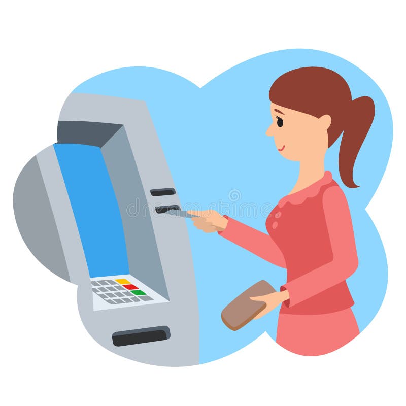 Man Using ATM Machine. Vector Illustration of People Black Line ...
