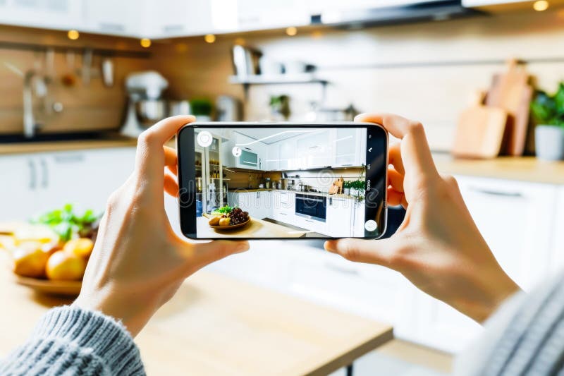 A Woman Using an Augmented Reality App To Simulate Remodeling Her ...