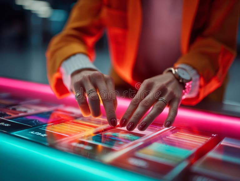 Woman Using Both Hands To Navigate Vibrant Digital Content on Wide ...