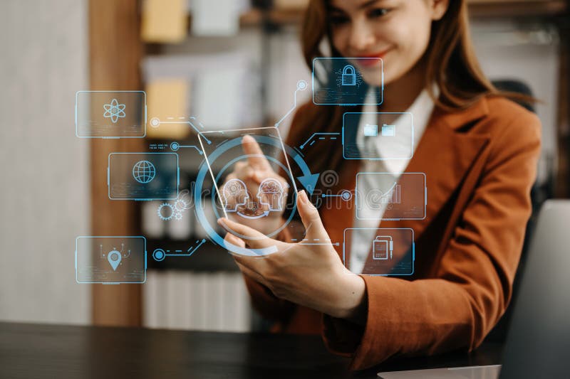 Woman Using Chatbot in Computer and Tablet Smart Intelligence Ai.Chat ...