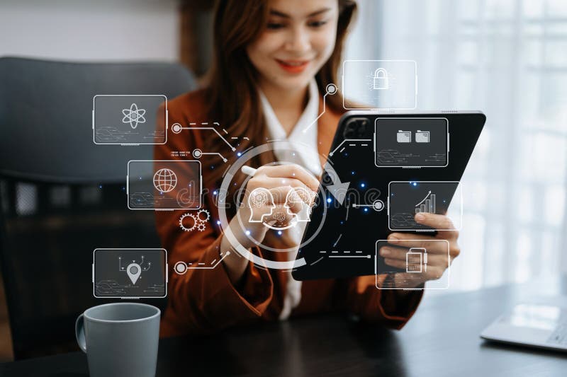 Woman Using Chatbot in Computer and Tablet Smart Intelligence Ai.Chat ...