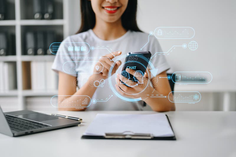 Woman Using Chatbot in Computer and Tablet Smart Intelligence Ai.Chat ...