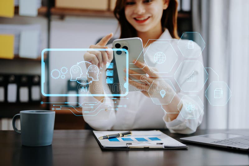 Woman Using Chatbot in Computer and Tablet Smart Intelligence Ai.Chat ...