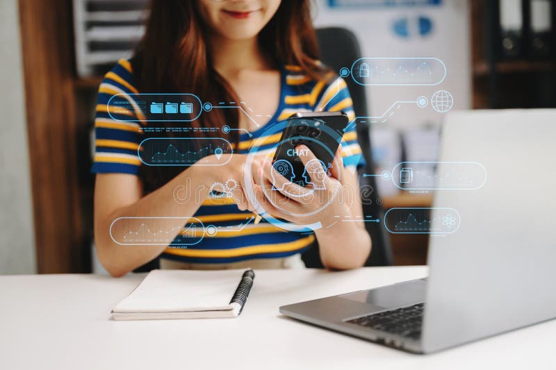 Woman Using Chatbot in Computer and Tablet Smart Intelligence Ai.Chat ...