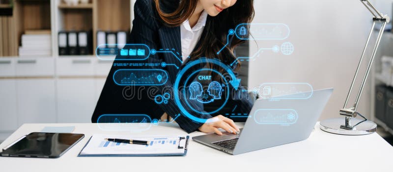 Woman Using Chatbot in Computer and Tablet Smart Intelligence Ai.Chat ...