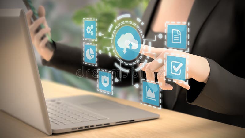 A Woman Using Cloud Services from a Laptop and a Smartphone. 3D ...