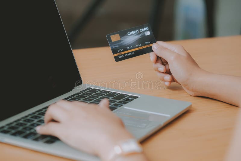 Woman Using Computer & Credit Card for Online Shopping Stock Photo ...
