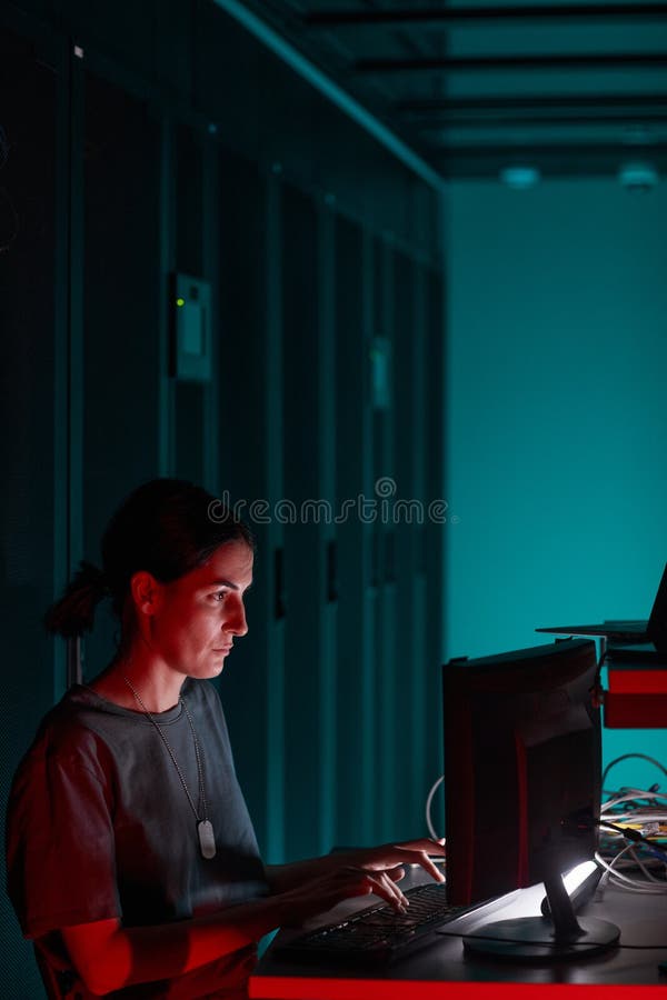 Woman Using Computer in Data Center Side View Stock Photo - Image of ...