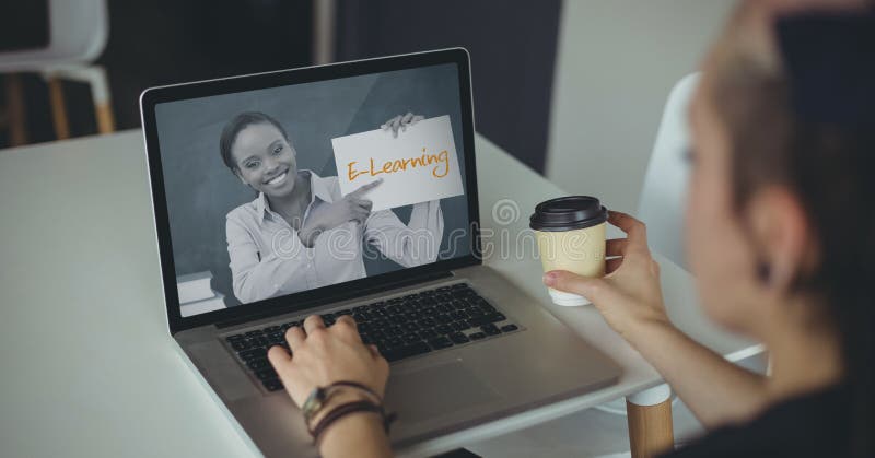 Woman Using a Computer with E-learning Information in the Screen Stock ...