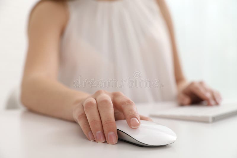 Woman Using Computer Mouse at Desk, Closeup Stock Photo - Image of ...