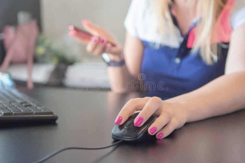 Woman Using Computer Mouse with Desktop at Table, Closeup Stock Image ...