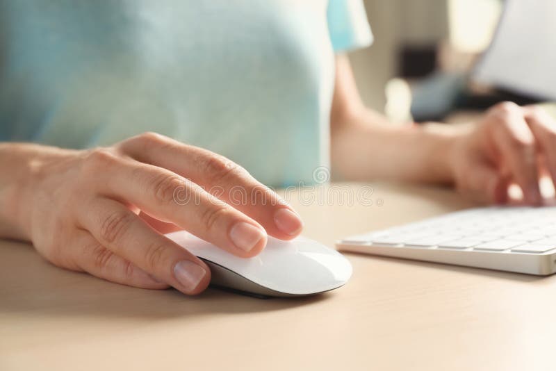 Woman Using Computer Mouse and Keyboard at Table Stock Image - Image of ...