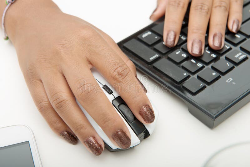 Woman Using Computer Mouse and Keyboard Stock Photo - Image of ...
