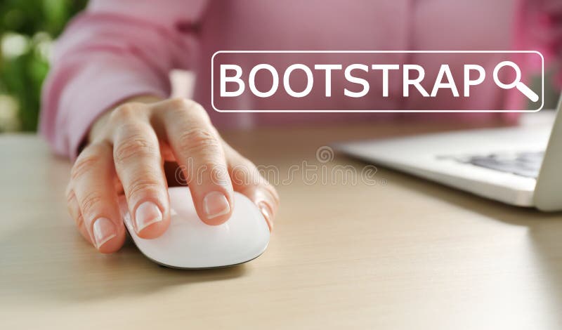Woman Using Computer Mouse with Laptop at Table. Bootstrap Button Stock ...