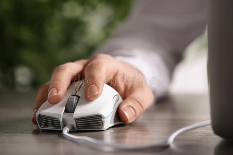 Woman Using Computer Mouse with Laptop at Table Stock Photo - Image of ...
