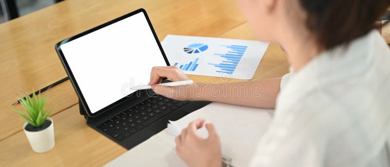 A Woman is Using a Computer Tablet. Stock Image - Image of empty ...