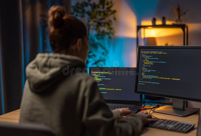 Woman Using Computers for Programming Stock Photo - Image of data ...