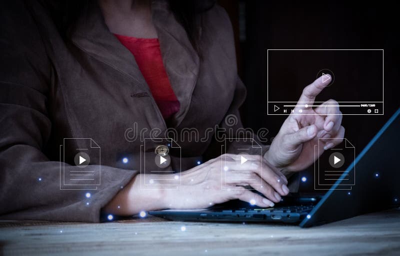 Woman Using Computor Notebook for Streaming Online on Virtual Screen ...