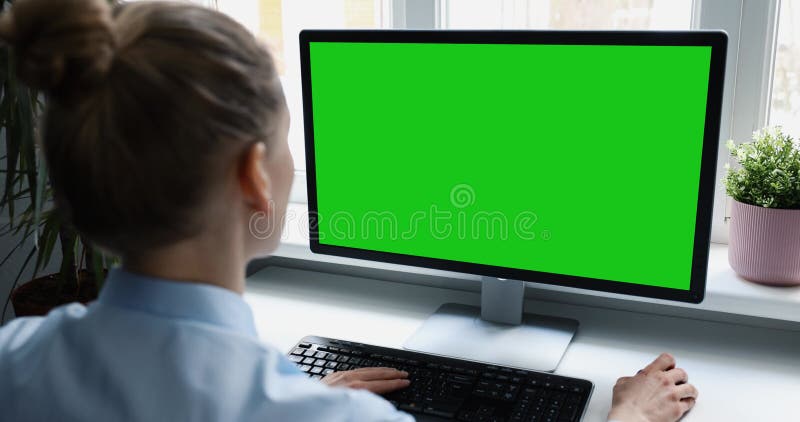 Desktop Computer with Green Screen in Office, Zoom in Stock Footage ...