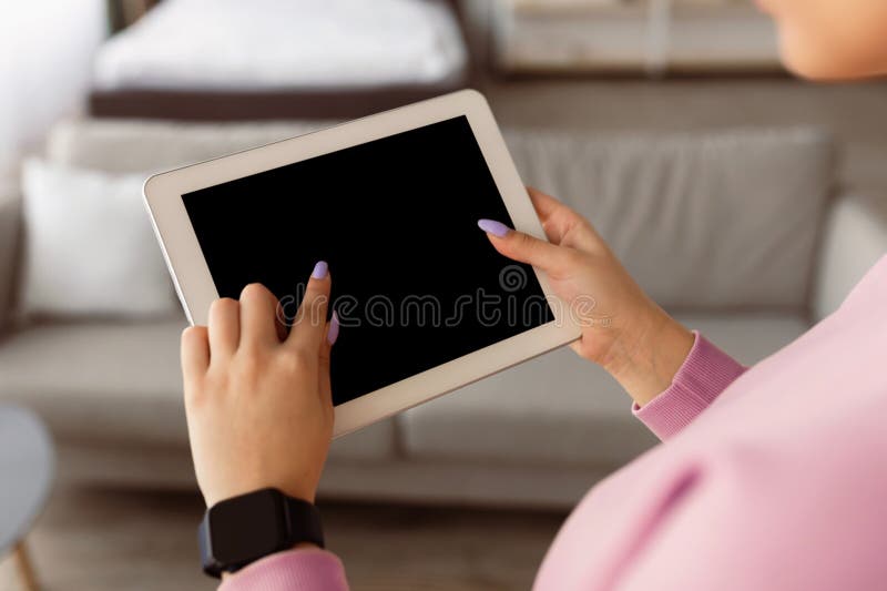 Woman Using Digital Tablet with Blank Empty Screen, Mockup Stock Photo ...