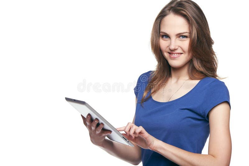Young woman using iPad stock image. Image of device, businesswoman ...